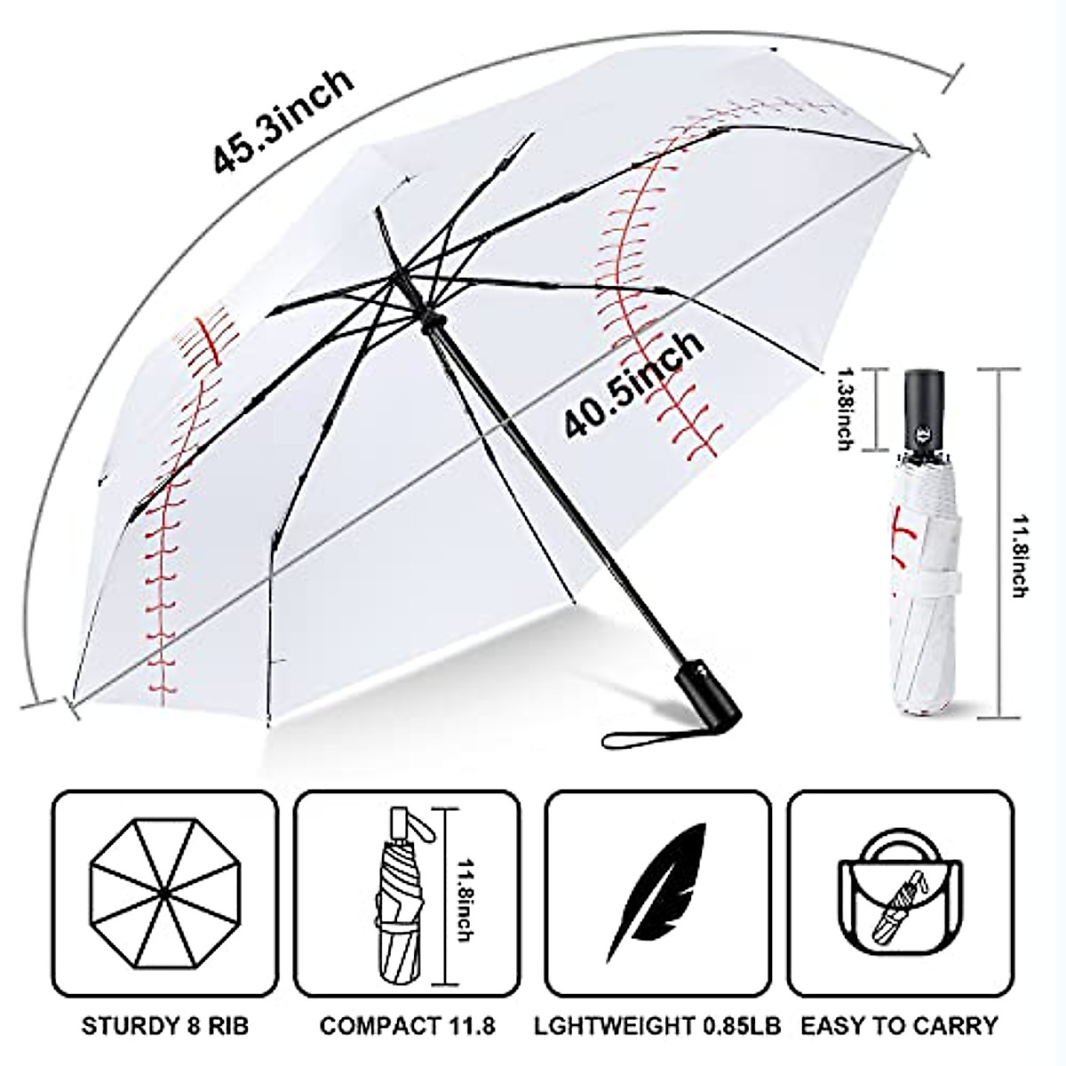LEAGERA Baseball Umbrella Oversized - Diameter 40.5inch, Automatic Open Close, Portable & Collapsible Travel Sports Umbrella by Ballpark Elite, Perfect Baseball Umbrella Mom Gift for Women