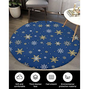 Navy Gold Snowflake Fluffy Round Area Rug Carpets 3.3ft, Plush Shaggy Carpet Soft Circular Rugs, Non-Slip Fuzzy Accent Floor Mat for Living Room Bedroom Nursery Decor Christmas Minimalist White Blue