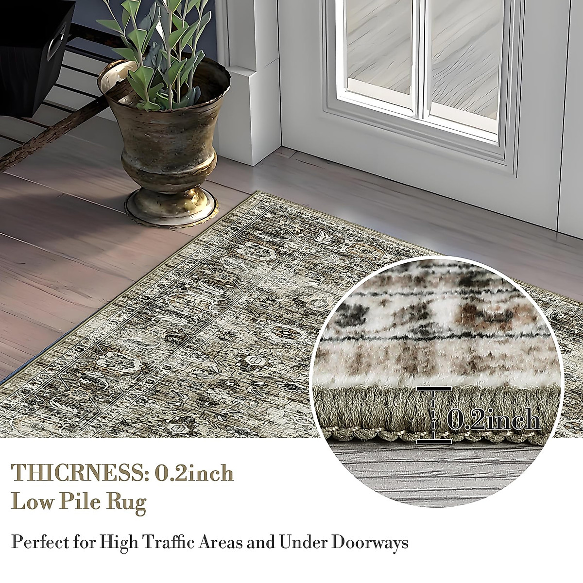 CAREMEE Washable Rug 5x7 Area Rugs for Living Room Bedroom, Vintage Non-Slip Print Distressed Thin Throw Rugs with Rubber Stain Resistant Low Pile Carpet for Kitchen Dining Room Foyer, Gray/Camel