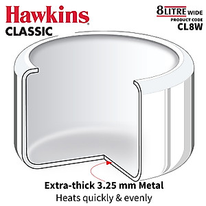 Hawkins Classic CL8W 8 L Aluminum Pressure Cooker, Medium, Silver, 8-Liter Wide Body