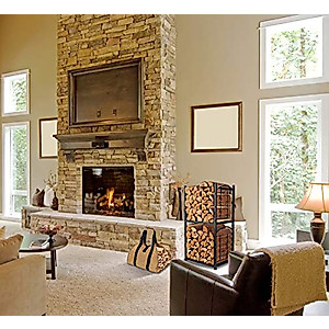 TQVAI 2 Tier Outdoor Firewood Rack, Indoor Fire Log Storage with Fire Tools Hanging Hooks and Waxed Canvas Wood Carrier Bag, Stacking Fireside Lumber Holder, Black