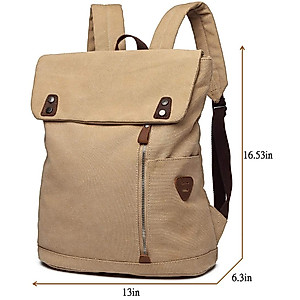 Wxnow Canvas Leather Backpack Laptop Rucksack Casual Outdoor Travel Daypack School Bag for Men Women Khaki