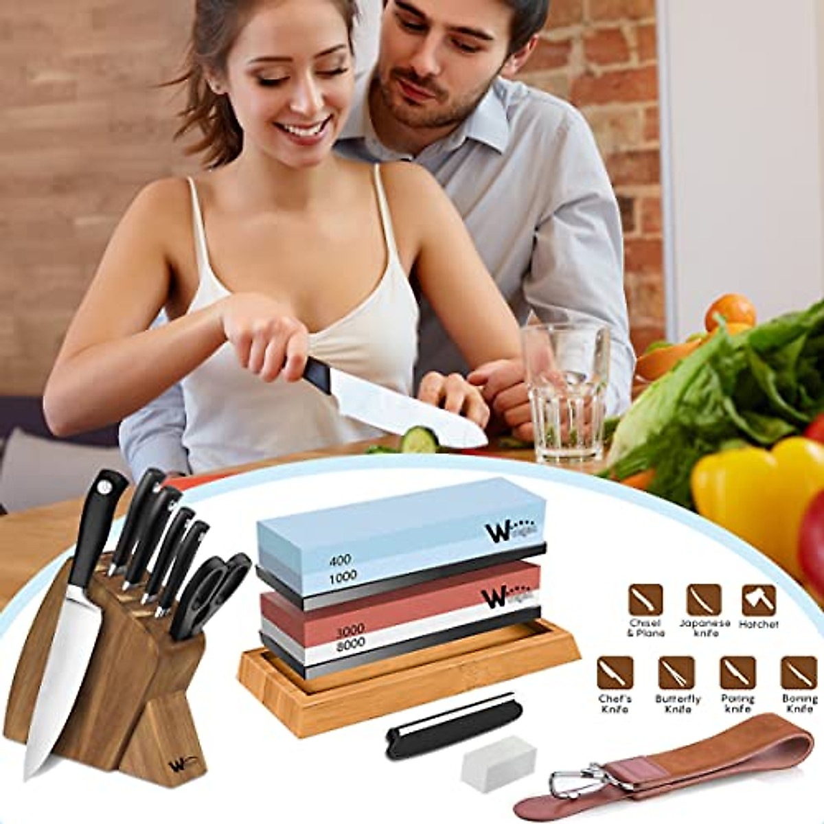 Wucgea Knife Sharpening Stone Kit - 400/1000 3000/8000 Grit Japanese Whetstone Sharpener set with Non-slip Rubber Base Angle Guide Flattening stone and Leather Strop…