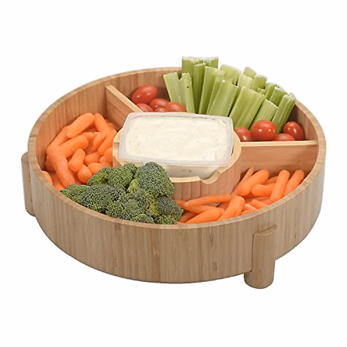 MobileVision Bamboo Serving Platter for Entertaining, Four Compartments & Easy Carrying Design, Chips, Fruits, Vegetables, Dips, Nuts, Bread and more