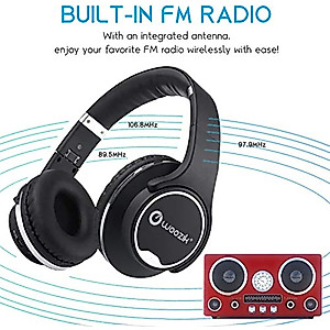 WOOZIK Twist Wireless Headphones, Over Ear 2 in 1 Hybrid Headset with Built-in FM Radio, Micro-SD Card Slot, AUX, Volume Control, Mic, Black