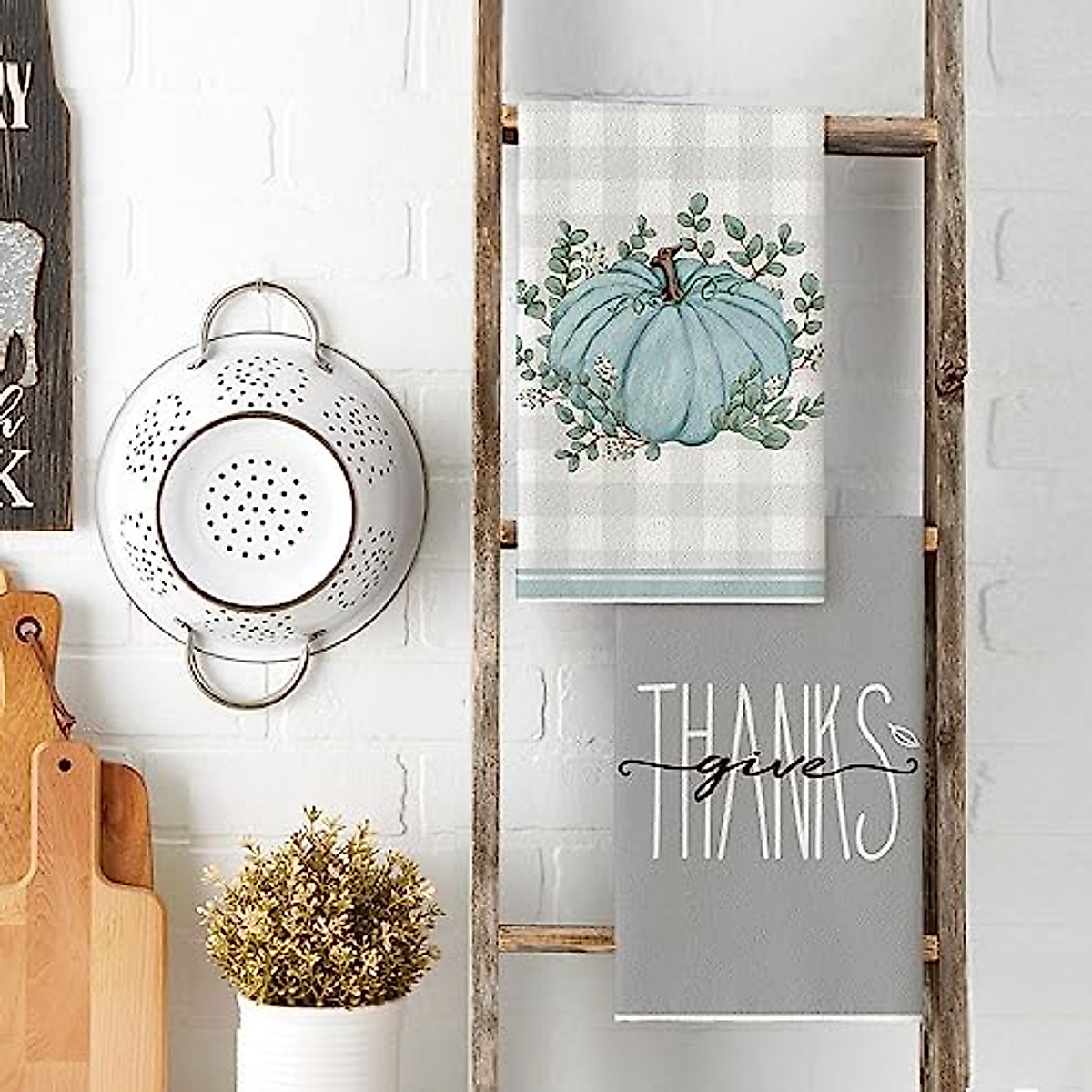 Artoid Mode Blue Eucalyptus Leaves Hello Pumpkin Fall Kitchen Towels Dish Towels, 18x26 Inch Seasonal Give Thanks Decoration Hand Towels Set of 4