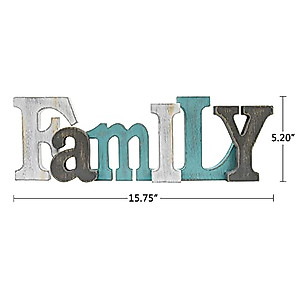 E-view Wooden Letters Sign Decorative Wood Block Signs Freestanding Word Cutout Distressed Teal Sign for Shelf Table Mantle Hanging Ornament Rustic Home Decor (Family)