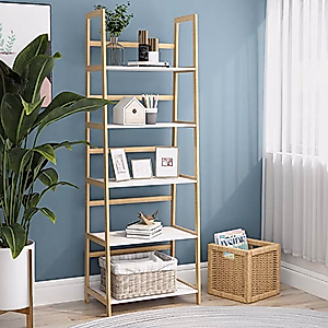 RASOO 5-Tier Bookshelf Wood Frame Tall Bookcase Ladder Shelf Storage Etagere Book Shelf Organizer for Living Room， Study Room and Bedroom, 24.41"x15.75"x70.87”（L x Wx H）