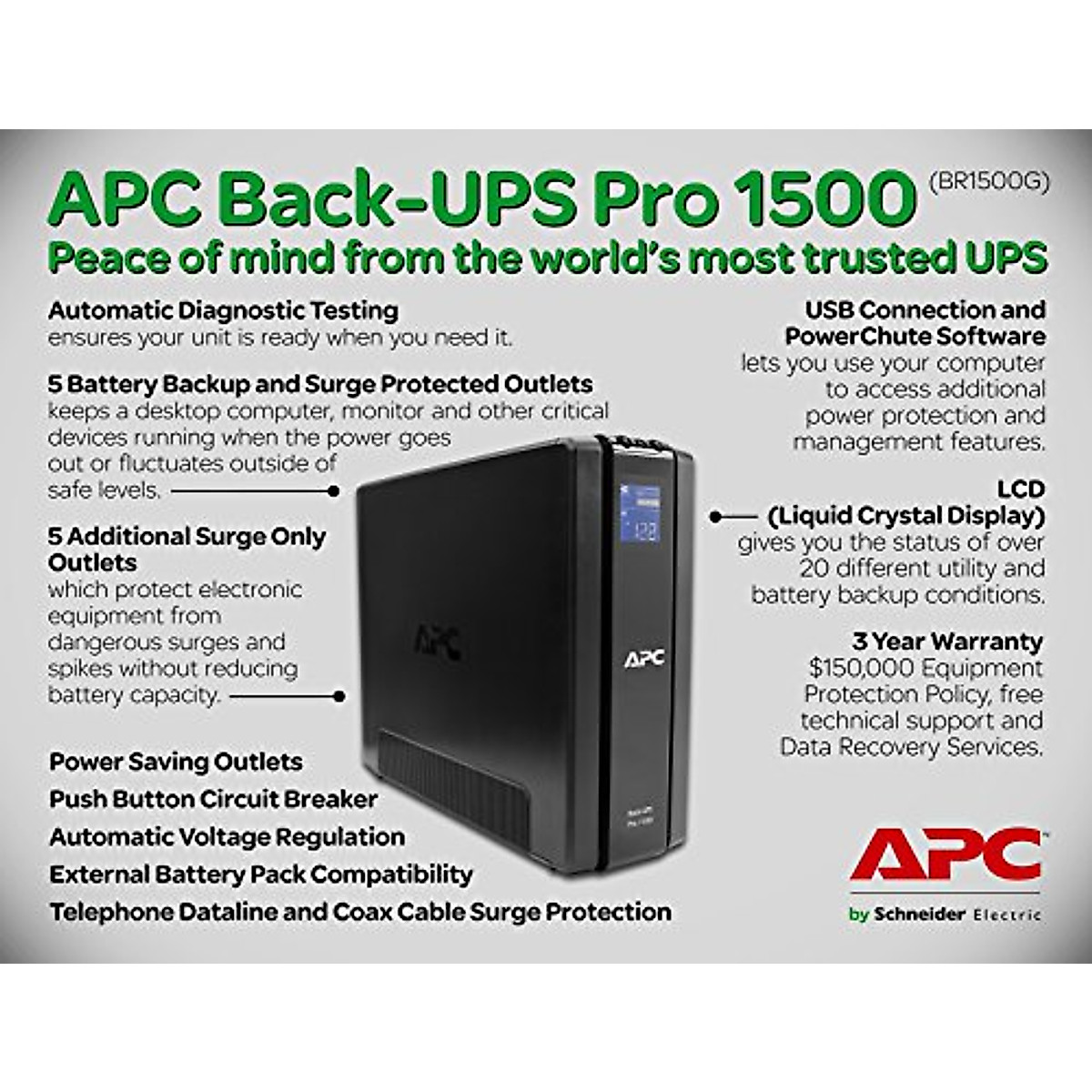 APC UPS 1500VA Battery Backup Surge Protector, BR1500G Backup Battery Power Supply with AVR