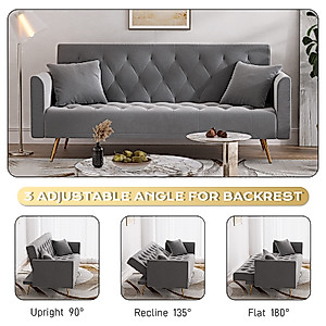OUYESSIR Velvet Futon Couch Bed, 71 inch Loveseat Convertible Sleeper Sofa with 2 Pillows, Modern Small Futon Couch for Bedroom, Living Room (Grey)