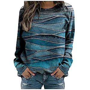 oversized sweatshirt for women cyber of monday deals 2023 Women Long Sleeve Pullover Shirts Round Neck Printed Vintage Sweatshirt Ruffle Casual Blouses Fall Clothes 2023 Blue 3X
