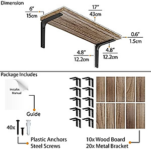 Wallniture Nola Floating Shelves for Wall, 17"x 6" Rustic Bookshelf for Living Room Decor, Bookshelves for Home Office, Kitchen, Burned Finish Storage Shelf Set of 10