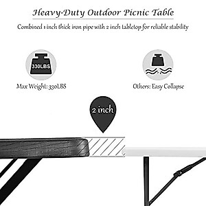 Giantex Picnic Bench Set Outdoor Camping All Weather Metal Base Wood-Like Texture Backyard Poolside Dining Party Garden Lawn Deck Large Picnic Tables for Adult (Black)
