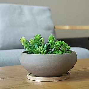 MUZHI Round Unglazed Ceramic Bonsai Pot with Bamboo Tray, Large Rough Pottery Succulent Planter with Drainage Hole 8 inch …