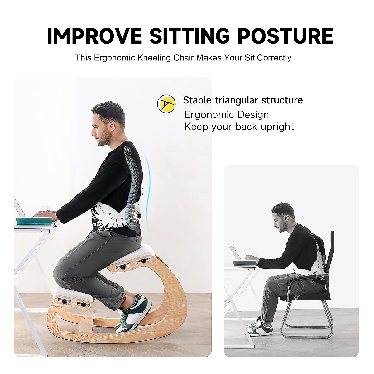 Adjustable Kneeling Chair, Wooden Ergonomic Rocking Chair - Improve Your Posture with an Angled Seat for Home,Office（White Oak）