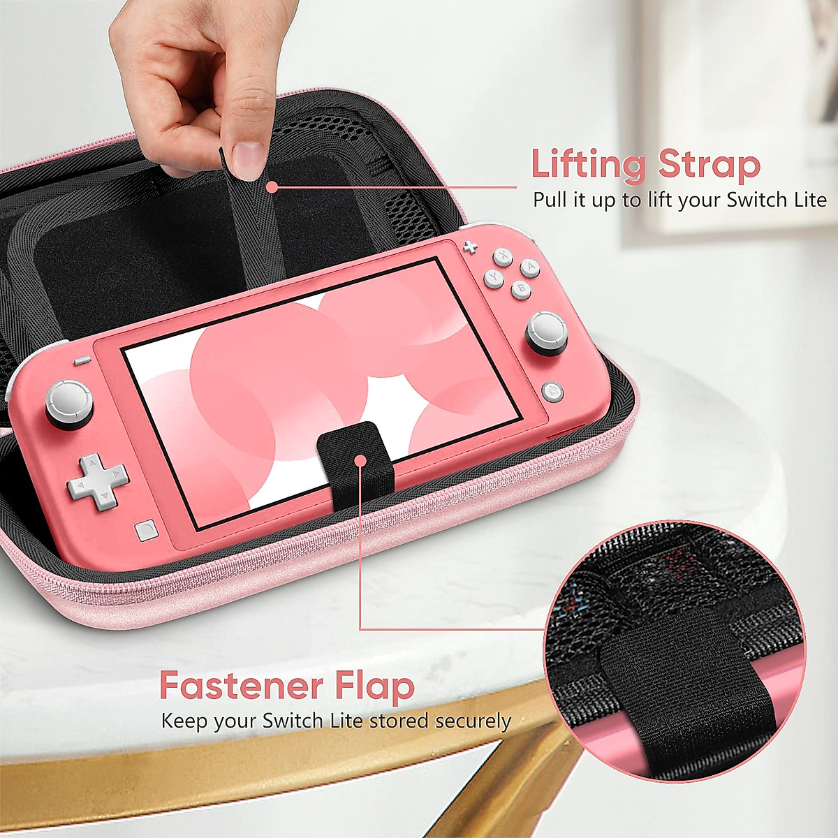 Fintie Carrying Case for Nintendo Switch Lite 2019, [Shockproof] Hard Shell Protective Cover Travel Bag w/15 Game Card & 2 Micro SD Card Slots for Switch Lite Console & Accessories, Rose Gold