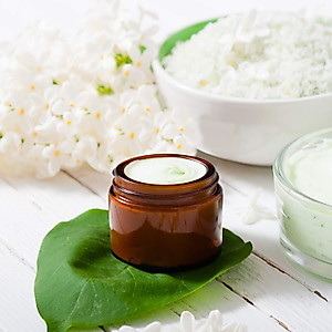 2 oz Round Glass Jars (6 Pack) - Empty Cosmetic Containers with Inner Liners, black Lids and Glass Sample Jars with lables (Amber) by THETIS Homes