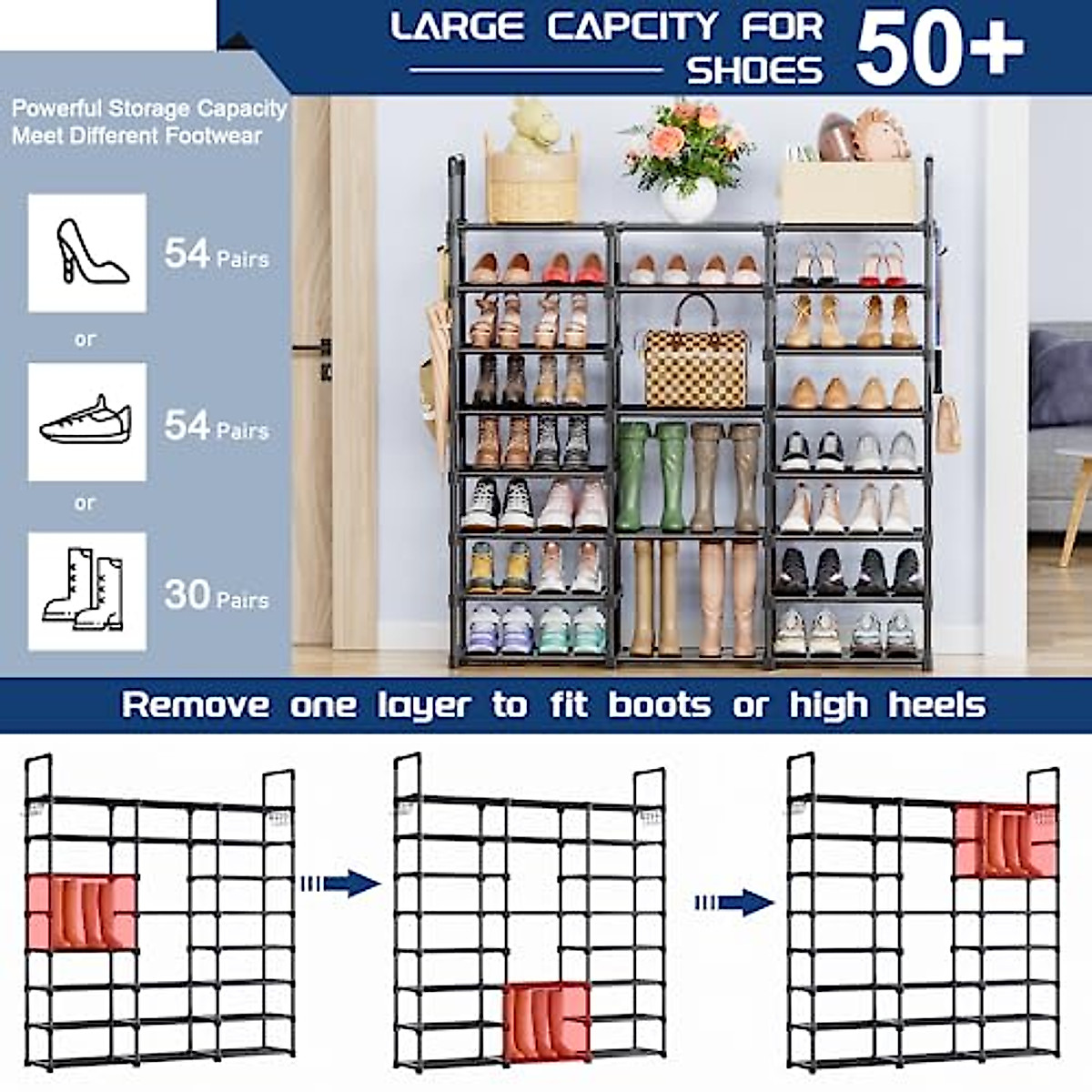 Mavivegue Metal Shoe Rack Organizer，8 Tiers Tall Shoe Shelf Storage，40-45 Pairs Vertical Large Boot Rack,Stackable Shoe Racks for Entryway, Closet, Garage, Bedroom,Cloakroom -Black