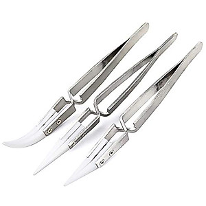 YAKAMOZ 3pcs Precision Reverse Ceramic Tweezers Non-Conductive, Heat Resistant, Anti-Magnetic Pointed & Curved Tips Tweezer Set for Pinching Coils While Firing
