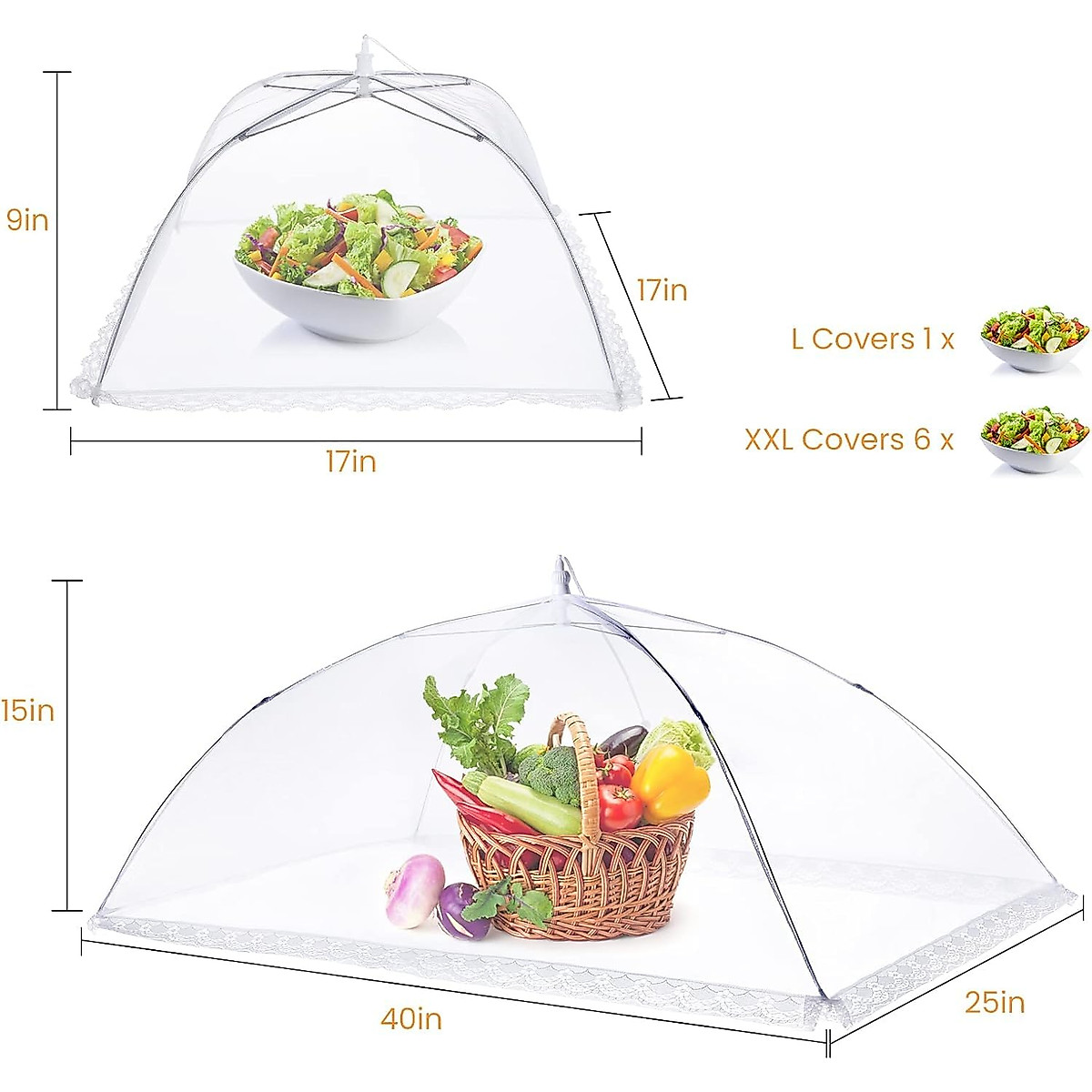 HOMKULA Food Covers for Outside - 1 Extra Large (40 x 25 in) & 6 Large (17 x 17 in) Food Tents/Food Covers for Outdoors Mesh Screen, Picnic Pool Party Supplies, Pop-Up and Collapsible