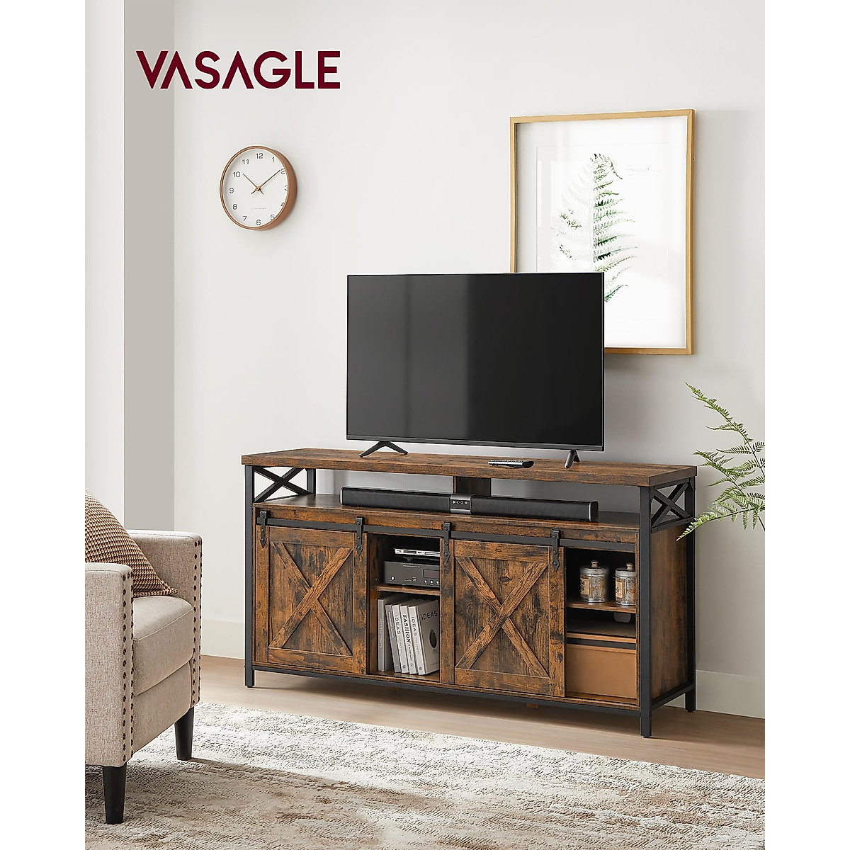 VASAGLE TV Stand for 65 Inch TV, Entertainment Center, TV Table and Console, TV Cabinet with Adjustable Shelves, Industrial Design, Rustic Brown and Black ULTV071B01