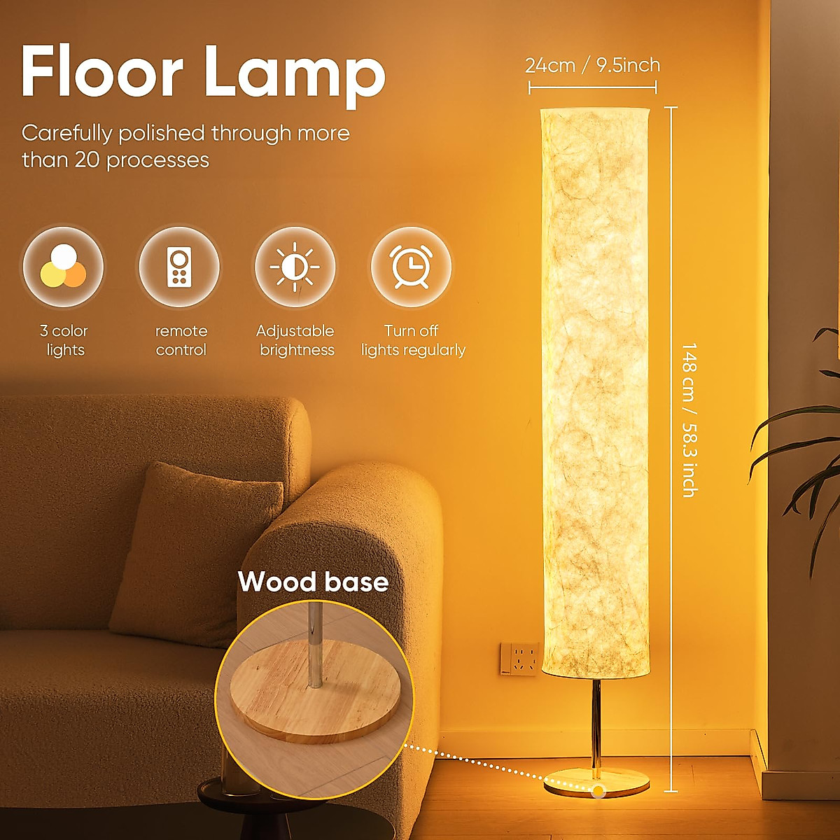 LONRISWAY Soft Light Floor Lamp, 52" Simple Design Morden Slim Warm Light 3000K LED Tyvek Fabric Shade with 2 LED Bulbs Standing Lamp for Living Room Bedroom Game Room