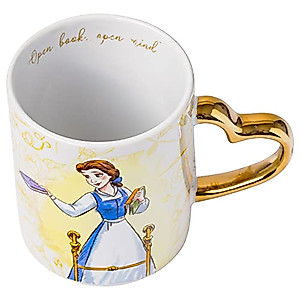 Silver Buffalo Disney Princess Beauty and the Beast Don't Mind the Books Gold Heart Shaped Handle 2 Pack Ceramic Mug Set, 14 Ounces
