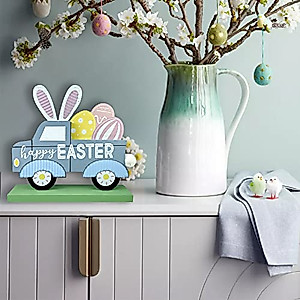 Eternhome Easter Decor Truck Eggs Bunny Block Happy Easter Wooden Table Decorations Farmhouse Rustic Cute Rabbit Ears Sign for Home Room, Tiered Tray, Fireplace, Shelf