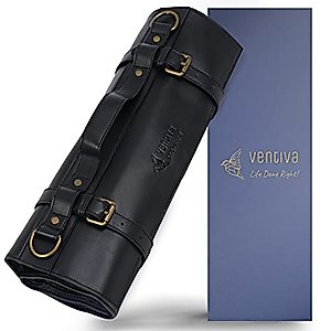 Ventiva - Black Leather Knife Roll Storage Bag, 9 Pockets w/ Large Utility Pocket, Adjustable/Detachable Shoulder Strap, Travel-Friendly and Durable