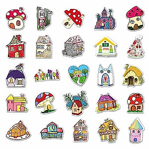 50Pcs Cartoon Houses and Castles Stickers, Vinyl Mushroom Houses Stickers for Water Bottles,Laptops,Phones,Scrapbooking,Journaling, Mug Decals-Perfect Party Favors for Kids,Boys,Girls,Teens