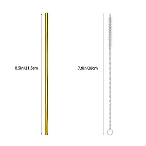 10 Pcs Stainless Steel Straws, Reusable Drinking Straws, Straight Metal Straw Sets with 2 Pcs Cleaning Brushes (8.5 Inch, Gold)