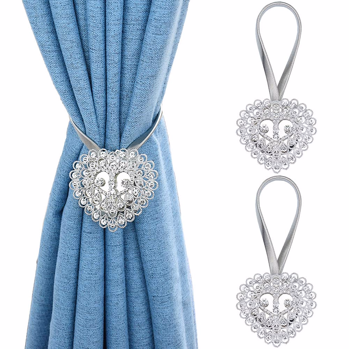 2PCS Magnetic Curtain Tiebacks Crystal Heart Shape Window Curtain Holdbacks Buckles Tie Backs Holders with Stretchable Wire Rope for Home and Office Decoration,Silver