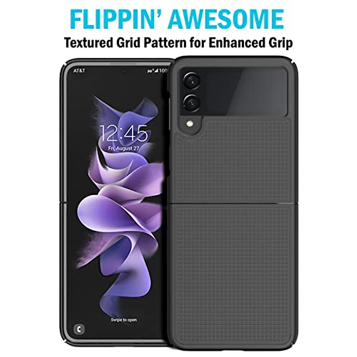 Case with Clip for Galaxy Z Flip 3 5G, Nakedcellphone [Grid Texture] Slim Hard Shell Cover and [Rotating/Ratchet] Belt Hip Holster Holder Combo for Samsung Z Flip3 Phone (SM-F711, 2021) - Black