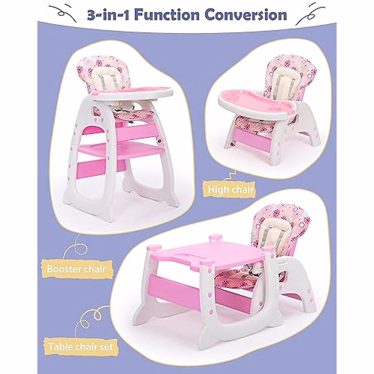 SANDINRAYLI Baby High Chair, Pink 3 in 1 Highchairs, Convertible Plastic Toddler Eating Chair with Tray, Portable Feeding Chair with 5-Point Harness