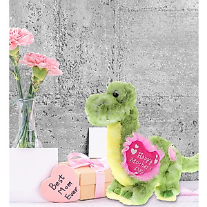 DolliBu Happy Mother's Day Super Soft Plush Green Dinosaur Doll Figure - Cute Stuffed Animal with Pink Heart Message for Best Mommy, Grandma, Wife, Daughter - 10" Inches