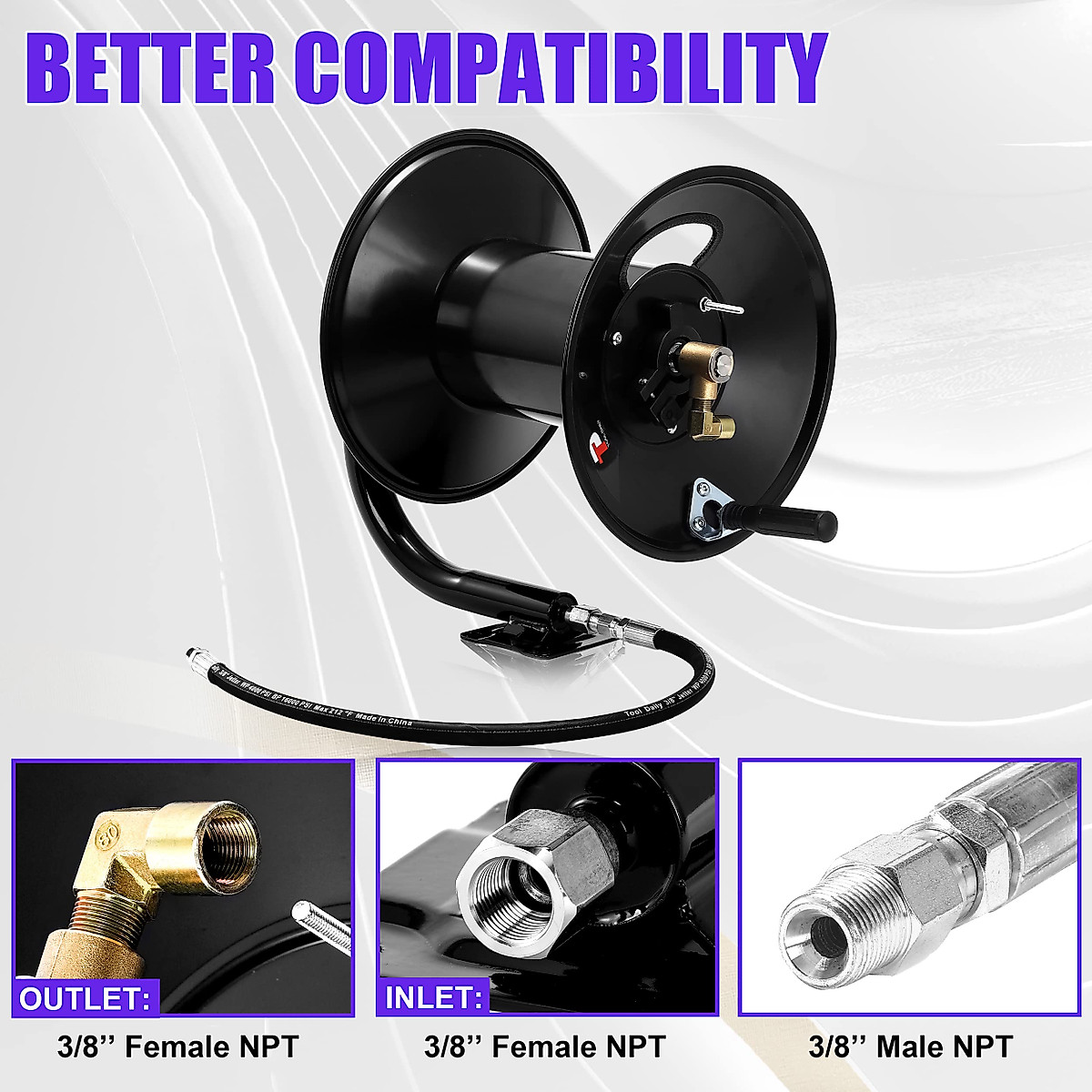 Tool Daily Pressure Washer Hose Reel, 150 FT Heavy Duty Steel Hose Reel for Power Washer, 3/8" Hose Reel Hand Crank, 4000 PSI