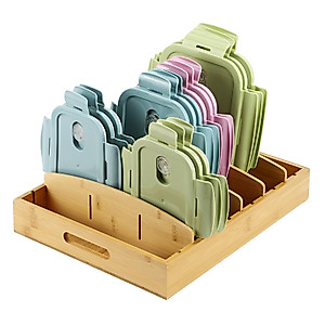 Kitchen Bamboo Lid Organizer, Cabinet Organizer for Food Storage Container Lids, Kitchen gadgets with 6 Adjustable Dividers, Lid Holder for kitchen organization