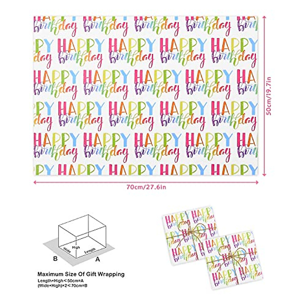 Happy Birthday Wrapping Paper For Kids Girls Boys Women Men, Gradient Rainbow Color Birthday Gift Wrap Paper, Wrapping Paper Birthday 6 Sheets Folded Flat 20x28 inches per sheet