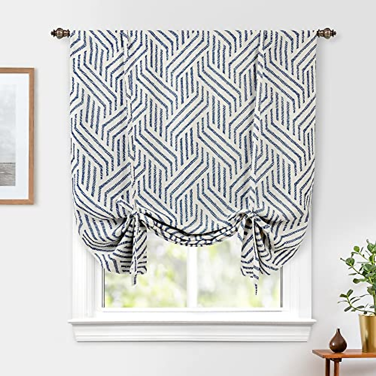 DriftAway Farmhouse Linen Lined Valance Double Layer Thermal Insulated Room Darkening Blackout Valances 3.5 Inch Rod Pocket Striped Tie Up Valance Single 45 Inch by 63 Inch Briony Navy