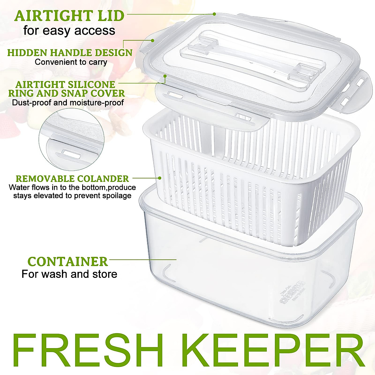 Rtteri 8 Pack Fruit Storage Containers for Fridge Produce Saver Containers for Refrigerator with Drain Colander Plastic Produce Keepers Refrigerator Organizer for Vegetable Berry Salad Lettuce (White)