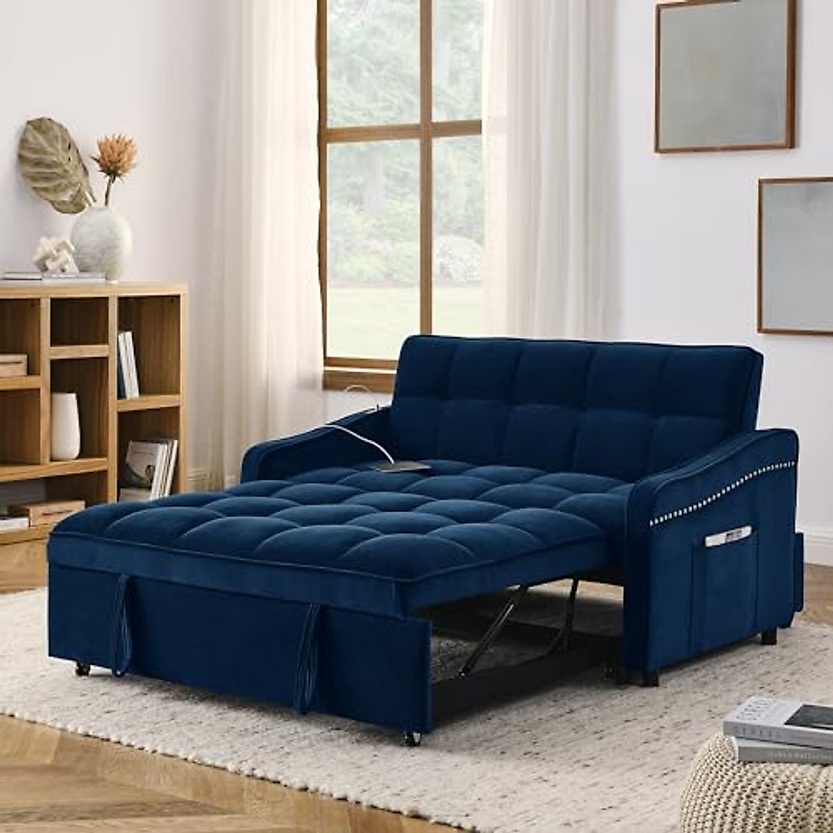 Convertible Pull Out Sleeper Sofa Bed,Multi-Functional Adjustable Single Couch Chair,Velvet Upholstered Chaise Lounge Loveseat Sofá Daybed,Sofacama with Two Arm Pocket,Type C,USB Charging,Copper Nail