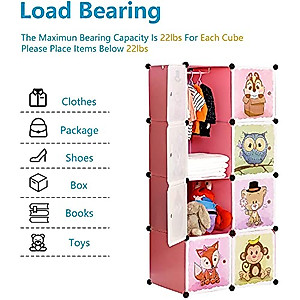 BRIAN & DANY Portable Cartoon Clothes Closet DIY Modular Storage Organizer, Sturdy and Safe Wardrobe for Children and Kids, 6 Cubes&1 Hanging Sections, 30% Deeper Than Standard Version, Red