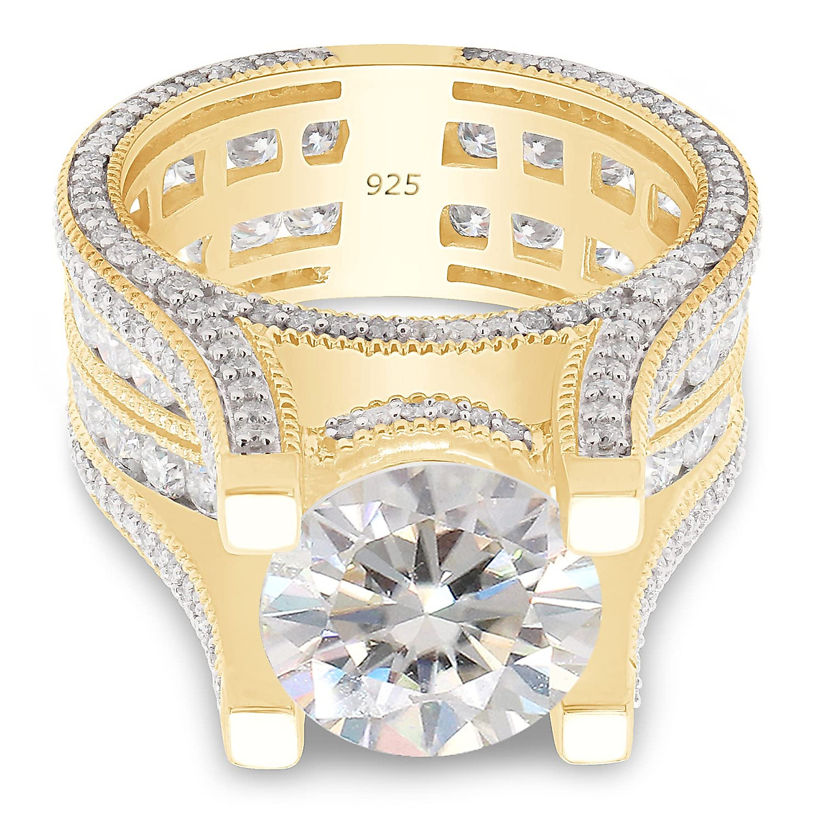 SAVEARTH DIAMONDS Bridge Style, 5 Carat Center 9MM Round Cut Lab Created Moissanite Diamond Solitaire Bridal Engagement Ring In 14K Yellow Gold Over Sterling Silver(VVS1 Clarity 5 Cttw)-6.5