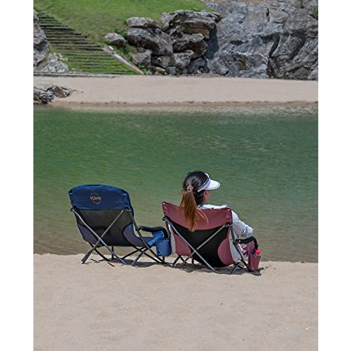 iClimb Low Wide Beach Camping Folding Chair with Side Pocket and Carry Bag (1, Navy)