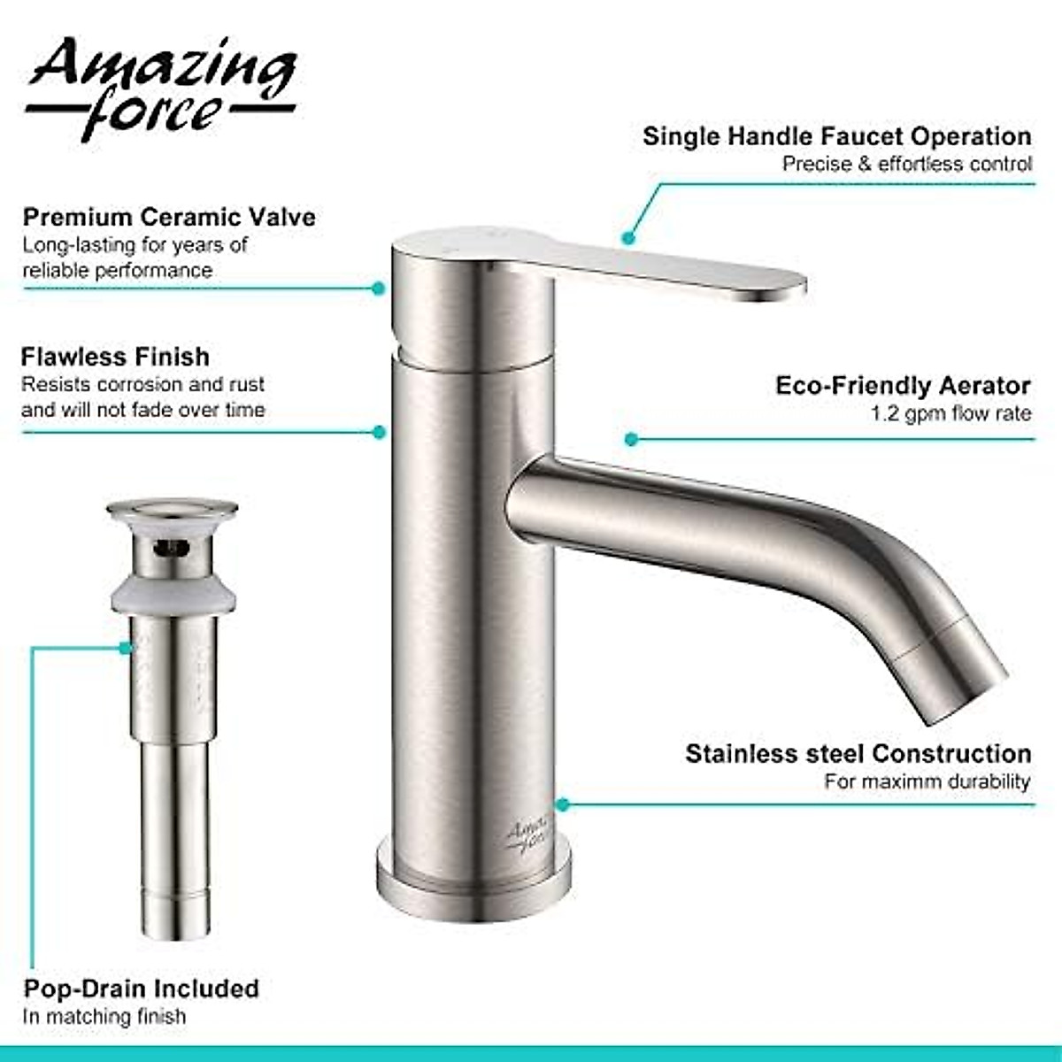 AMAZING FORCE Single Handle Bathroom Faucet Brushed Nickel Bathroom Sink Faucet Single Hole with Pop Up Drain Assembly 1.2 GPM