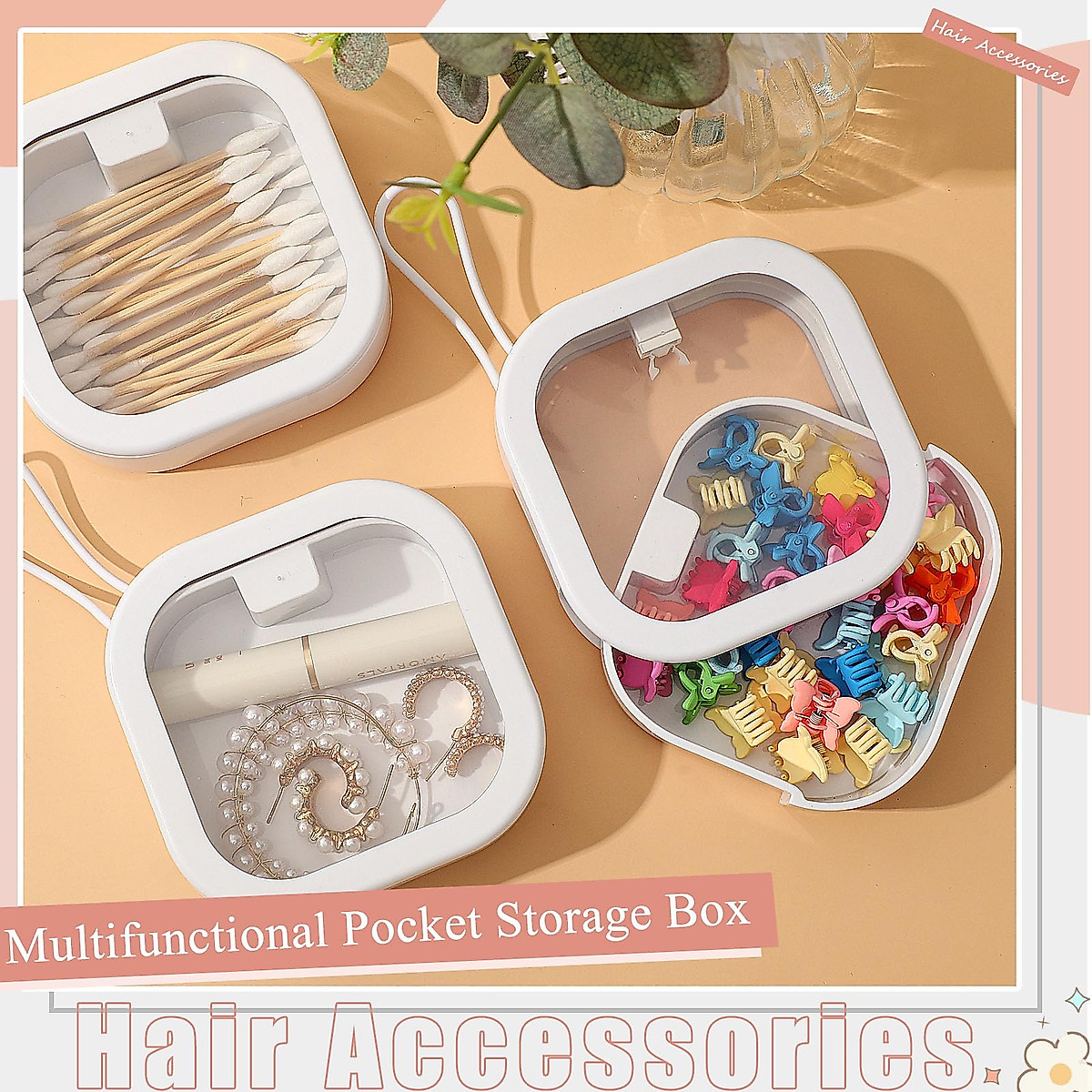 VOCOOL 3 Pcs Portable Hair Tie Organizer, Travel Qtip Holder Hair Accessories Organizer Hair Tie Holder Storage Boxes Hanging Small Items Containers Cotton Swab Dispenser Gifts for Girls Women Mom