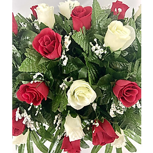 Cemetery Headstone Saddle Flower Arrangement in Red and Cream Roses-Grave Marker Decoration, Sympathy Flowers