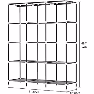 LOKEME Portable Closet, Portable Closets for Hanging Clothes with 3 Hanging Rods and 6 Storage Shelves, Black Closet, Easy to Assemble Wardrobe Closet with 4 Side Pockets