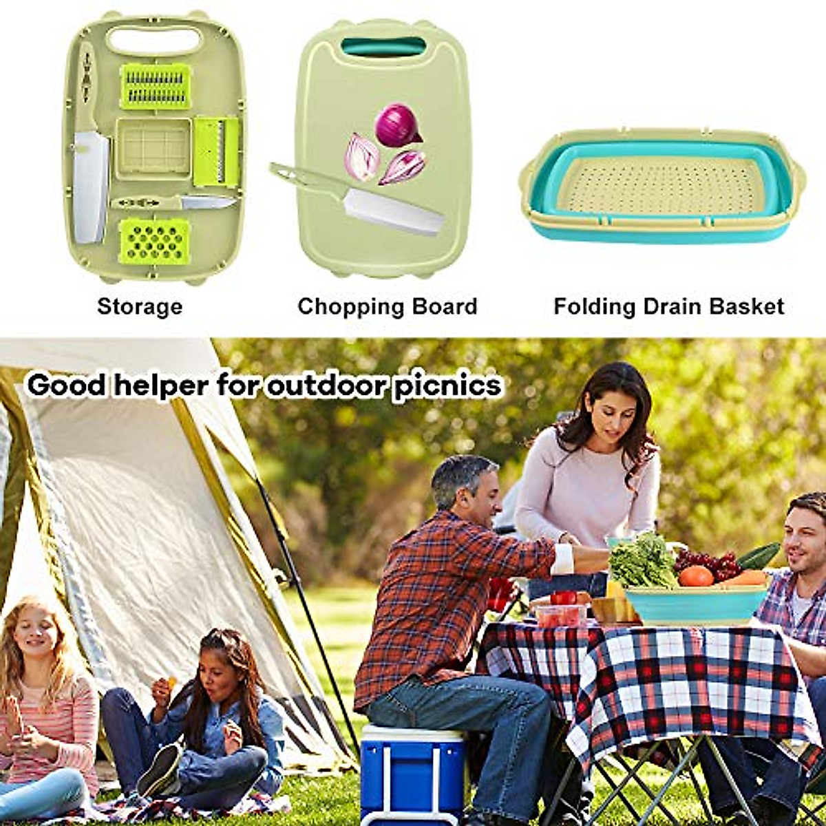 Collapsible Cutting Board, HI NINGER Foldable Chopping Board with Colander, 9-In-1 Multi Chopping Board Kitchen Vegetable Washing Basket Silicone Dish Tub for Camping, Picnic, BBQ, Kitchen-Green