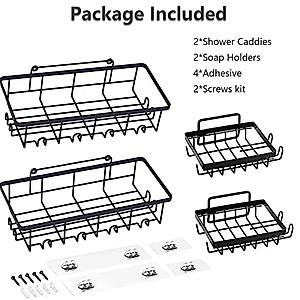 4-Pack Adhesive Shower Caddy, Bathroom Organizer with Soap Holder, Rustproof Stainless Steel Shower Organizer, Wall Mounted No Drilling Shower Rack with Hooks for Bathroom, Kitchen, Washroom- Black